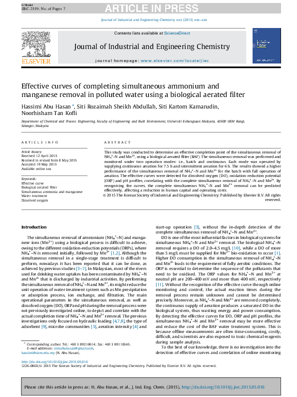(PDF) Effective curves of completing simultaneous ammonium and manganese removal in polluted ...