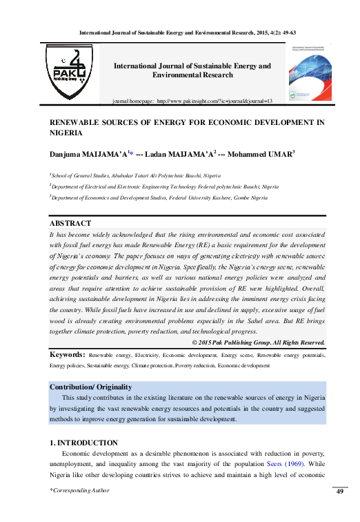 (PDF) Renewable Sources of Energy for Economic Development in Nigeria