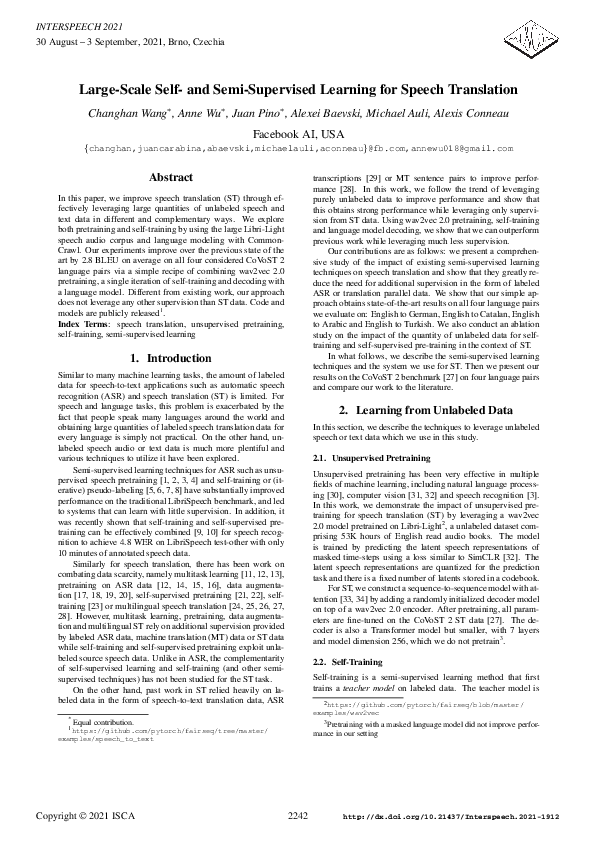 (PDF) Large-Scale Self- and Semi-Supervised Learning for Speech Translation