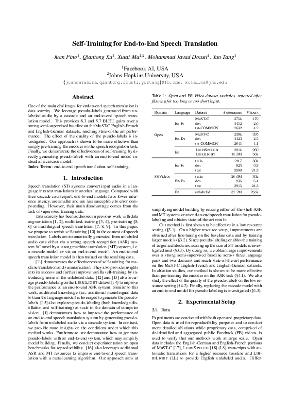 (PDF) Self-Training for End-to-End Speech Translation