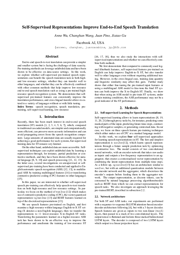 Pdf Self Supervised Representations Improve End To End Speech Translation