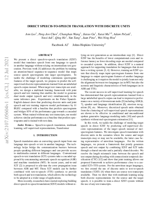 (PDF) Direct Speech-to-Speech Translation With Discrete Units