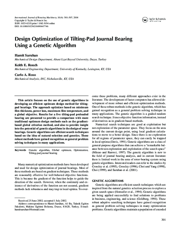 Pdf Design Optimization Of Tilting Pad Journal Bearing Using A Genetic Algorithm