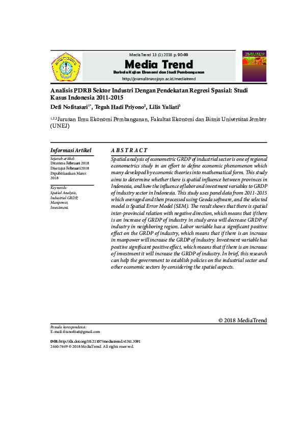 (PDF) Analisis PDRB Sektor Industri Dengan Pendekatan Regresi Spasial: Studi Kasus Indonesia ...