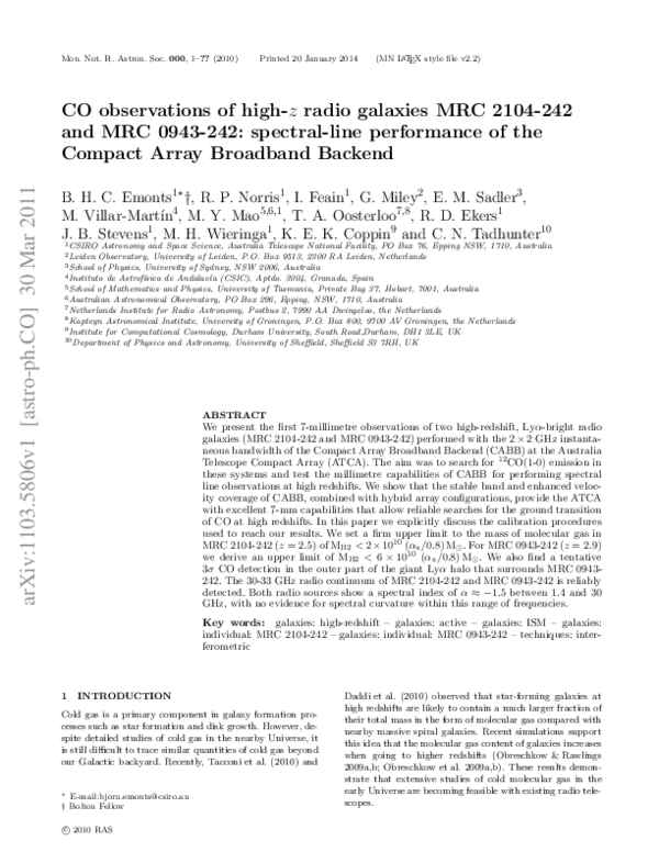 (PDF) CO observations of high-z radio galaxies MRC 2104−242 and MRC ...