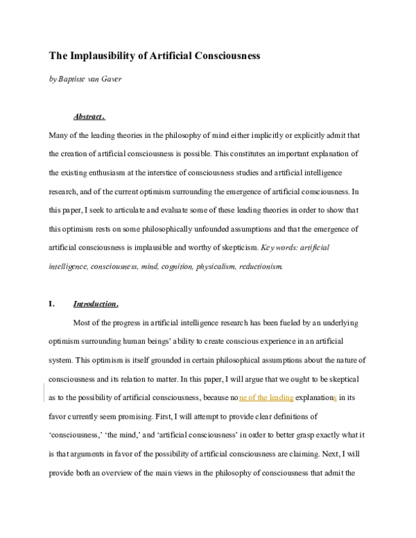 (DOC) The Implausibility of Artificial Consciousness
