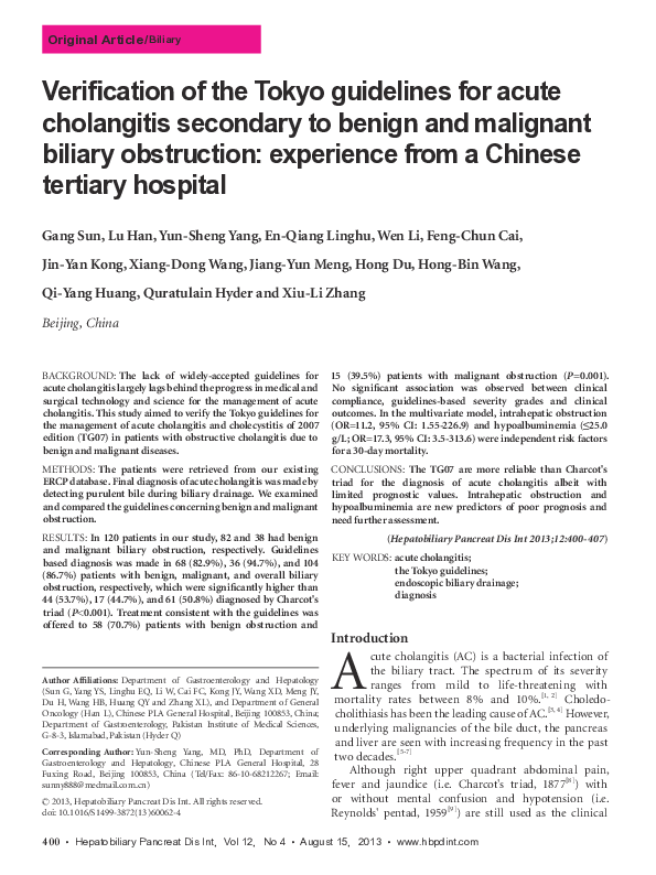 (PDF) Verification of the Tokyo guidelines for acute cholangitis ...