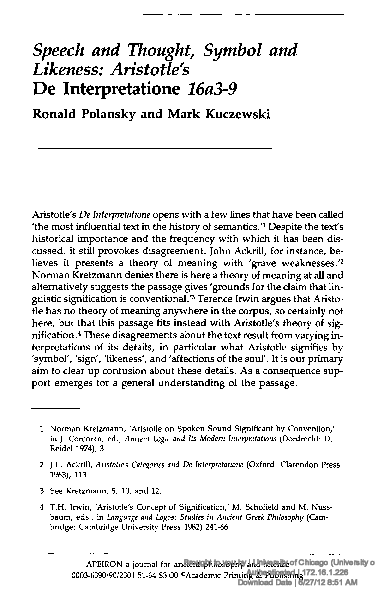 (PDF) Speech and Thought, Symbol and Likeness: Aristotle's De ...