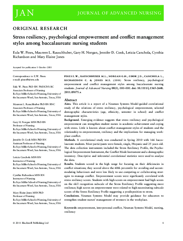 (PDF) Stress resiliency, psychological empowerment and conflict management styles among ...