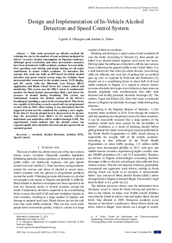 (PDF) Design and Implementation of In-Vehicle Alcohol Detection and Speed Control System
