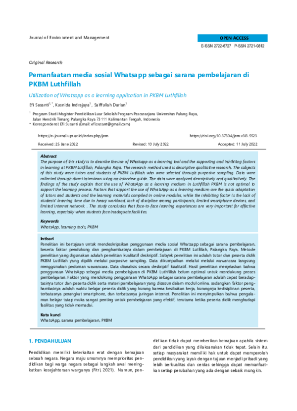 (PDF) Pemanfaatan media sosial Whatsapp sebagai sarana pembelajaran di PKBM Luthfillah
