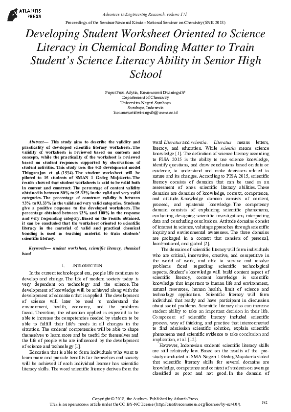 (PDF) Developing Student Worksheet Oriented to Science Literacy in Chemical Bonding Matter to ...