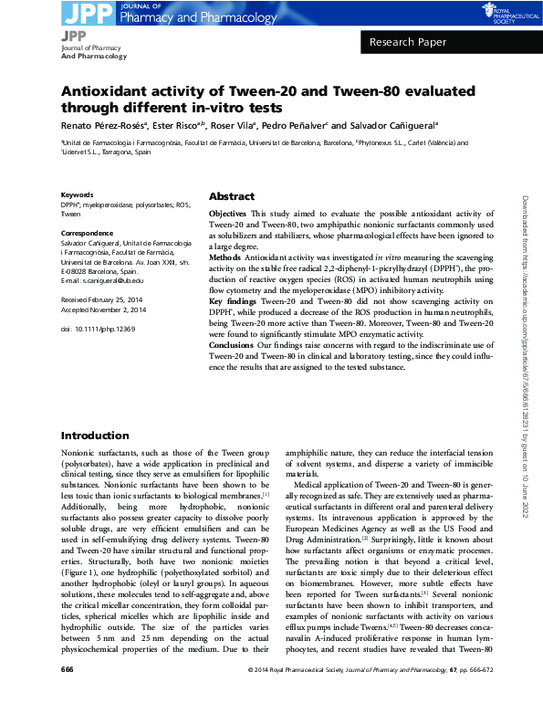 (PDF) Antioxidant activity of Tween-20 and Tween-80 evaluated through ...