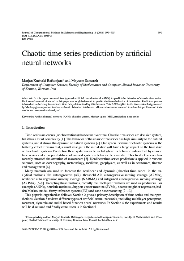 Pdf Chaotic Time Series Prediction By Artificial Neural Networks
