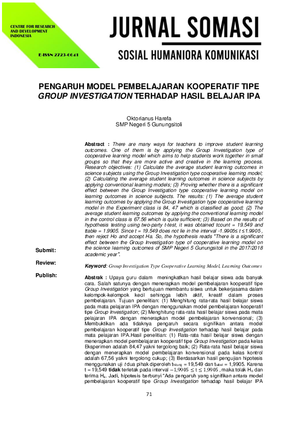 (PDF) Pengaruh Model Pembelajaran Kooperatif Tipe Group Investigation Terhadap Hasil Belajar Ipa