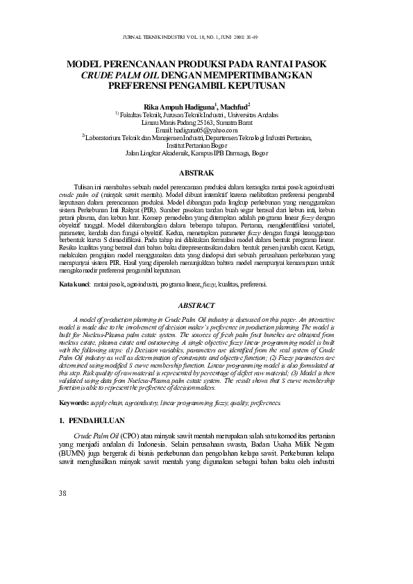 (PDF) Model Perencanaan Produksi Pada Rantai Pasok Crude Palm Oil ...