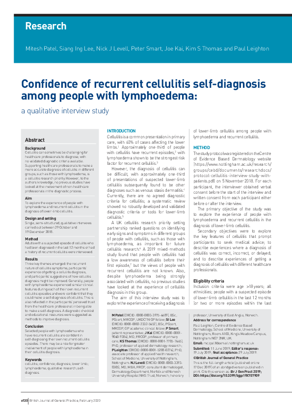(PDF) Confidence of recurrent cellulitis self-diagnosis among people ...