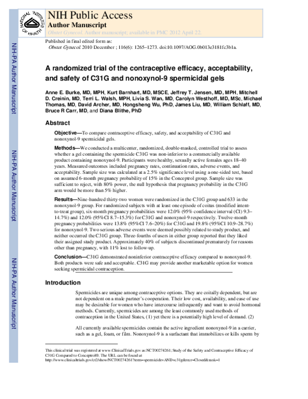 (PDF) Contraceptive Efficacy, Acceptability, and Safety of C31G and ...