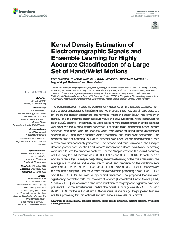 (PDF) Kernel Density Estimation of Electromyographic Signals and Ensemble Learning for Highly ...