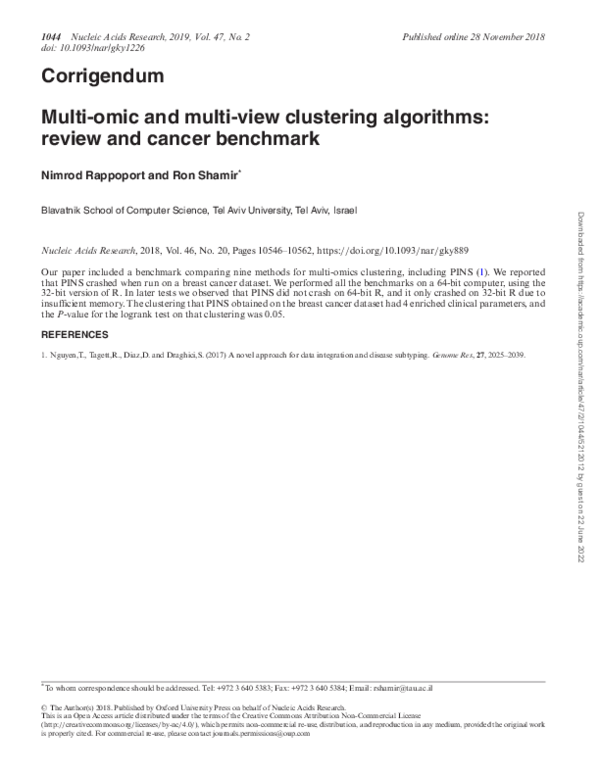 (PDF) Multi-omic and multi-view clustering algorithms: review and cancer benchmark