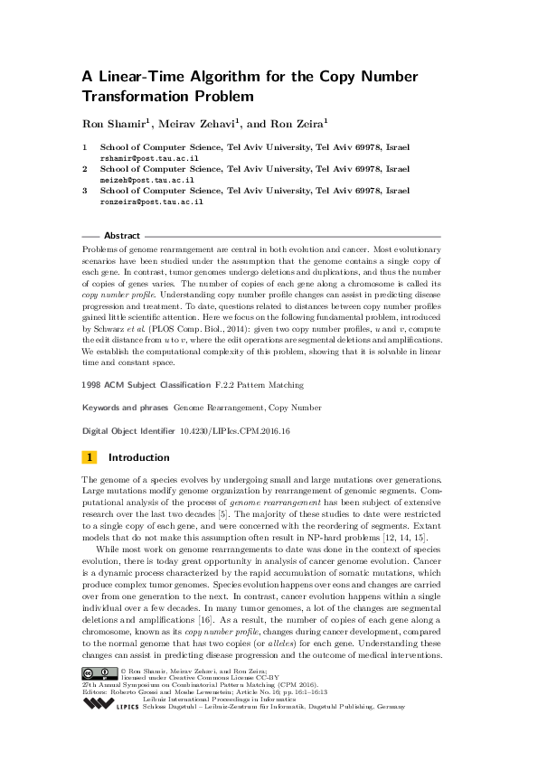 Pdf A Linear Time Algorithm For The Copy Number Transformation Problem Ron Shamir