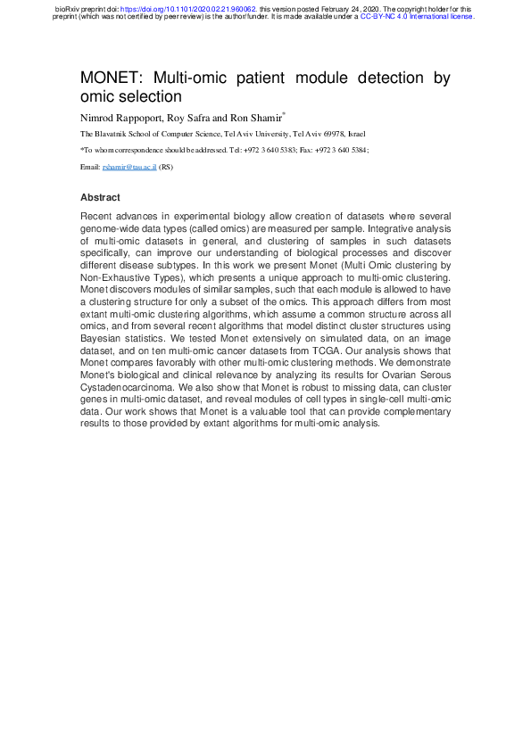 (PDF) MONET: Multi-omic patient module detection by omic selection