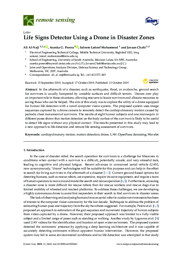 (PDF) Life Signs Detector Using a Drone in Disaster Zones