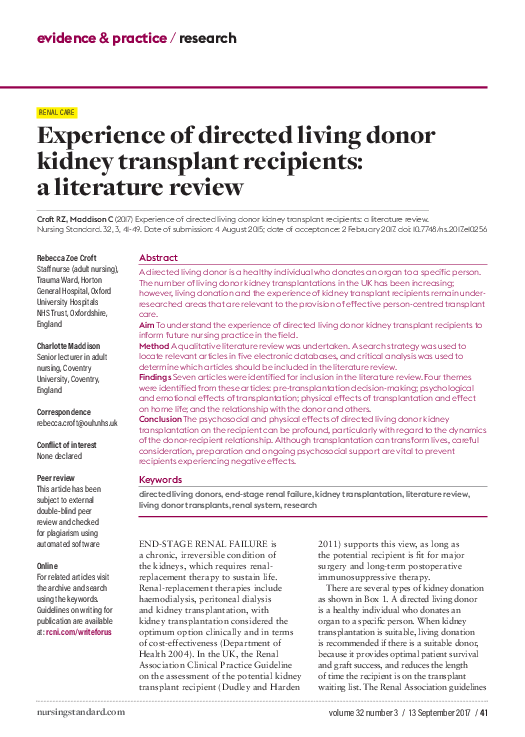 (PDF) Experience of directed living donor kidney transplant recipients: a literature review