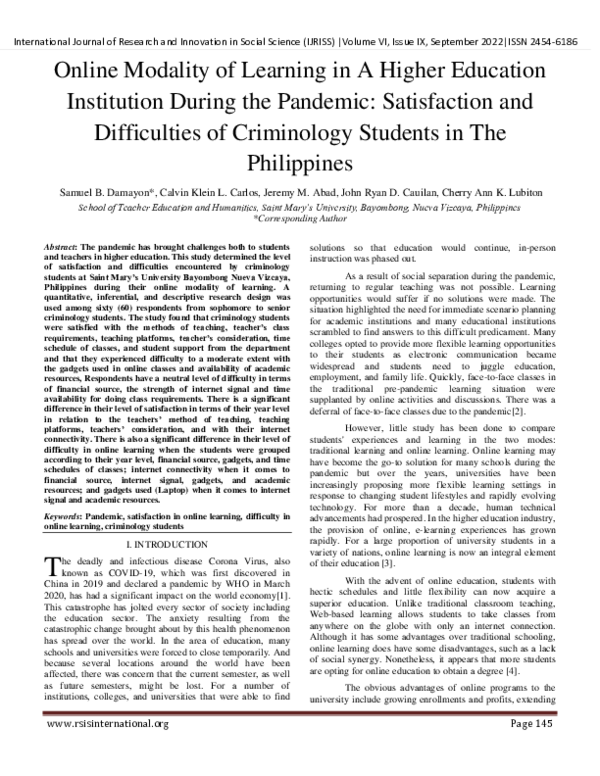 (PDF) Online Modality of Learning in A Higher Education Institution ...