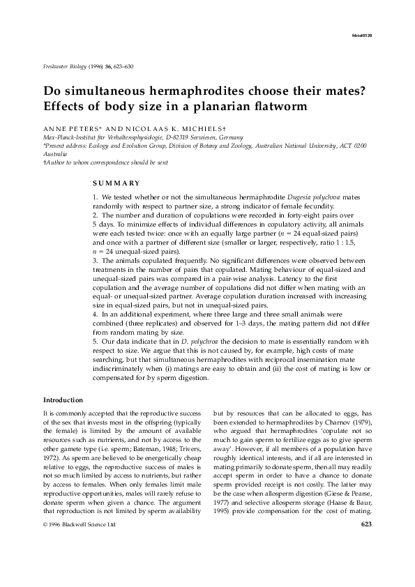 (PDF) Do simultaneous hermaphrodites choose their mates? Effects of ...