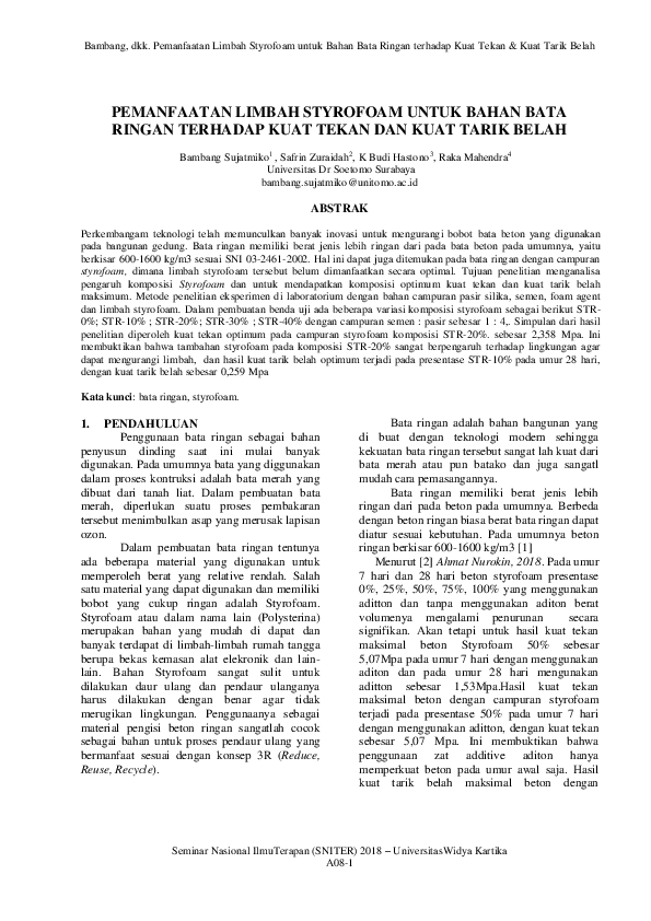 (PDF) Pemanfaatan Limbah Styrofoam Untuk Bahan Bata Ringan Terhadap Kuat Tekan Dan Kuat Tarik Belah