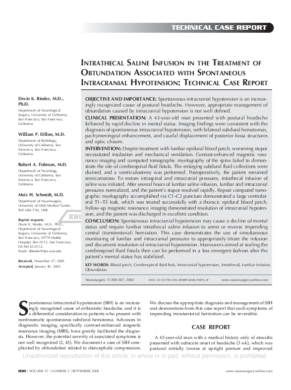 (PDF) Intrathecal Saline Infusion in the Treatment of Obtundation ...
