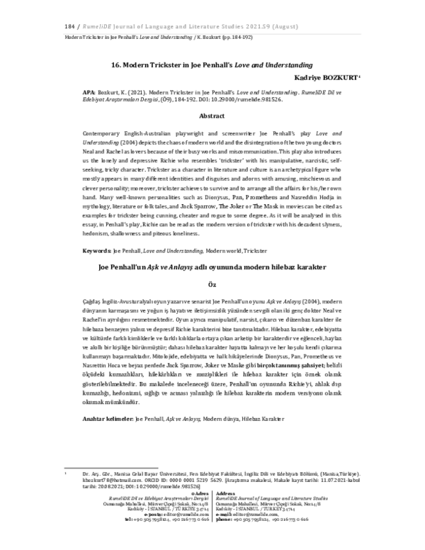 (PDF) Modern Trickster in Joe Penhall’s Love and Understanding