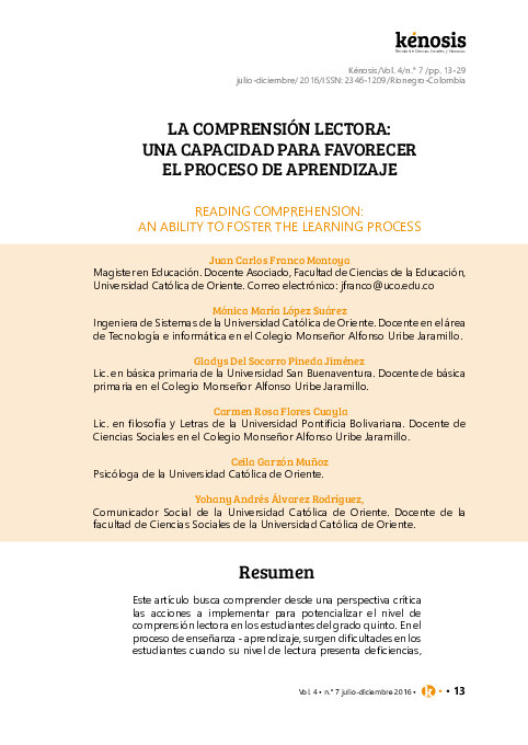 (PDF) La Comprensión Lectora: Una Capacidad Para Favorecer El Proceso De Aprendizaje