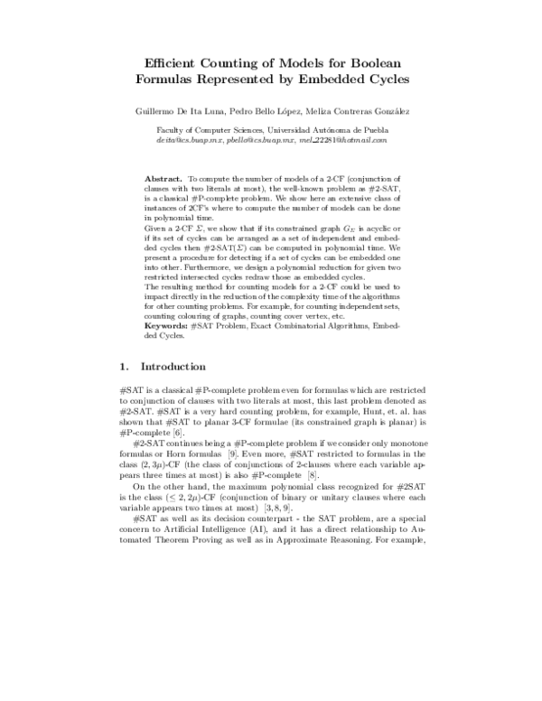 (PDF) Efficient Counting of Models for Boolean Formulas Represented by Embedded Cycles