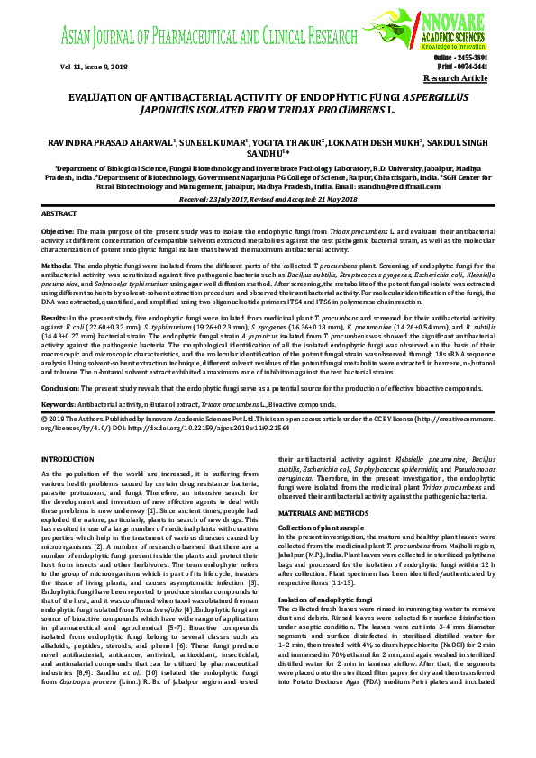 (PDF) Evaluation of Antibacterial activity of Endophytic Fungi Isolated from Medicinal plants of ...