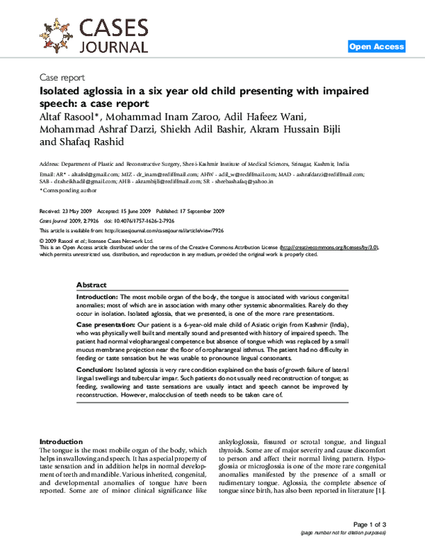 (PDF) Isolated aglossia in a six year old child presenting with ...