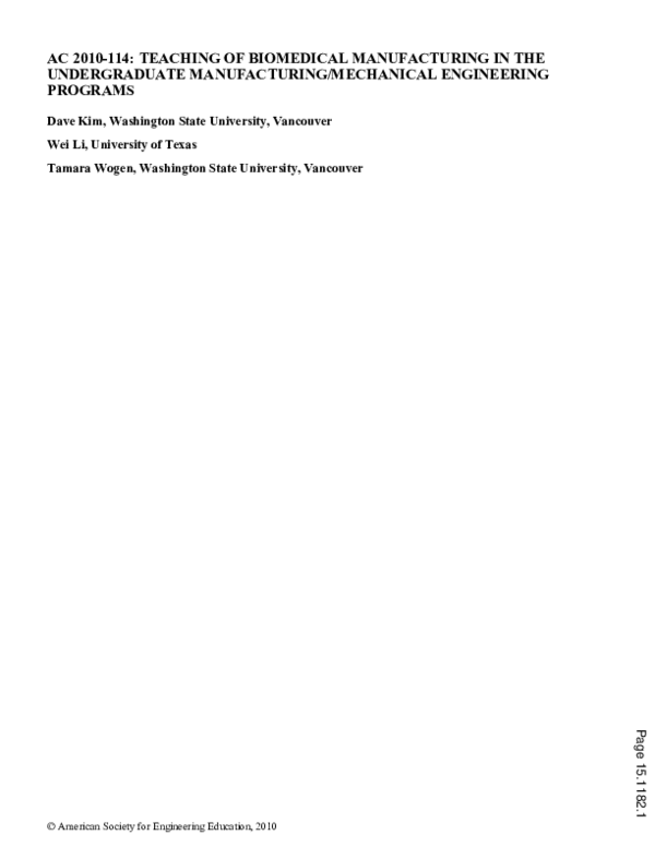 (PDF) Teaching Of Biomedical Manufacturing In The Undergraduate Manufacturing/Mechanical ...