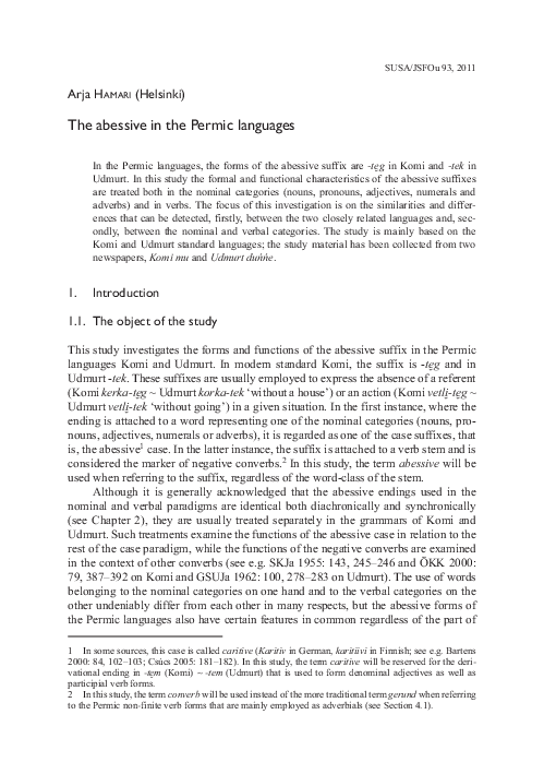 (PDF) The abessive in the Permic languages