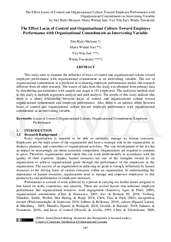 (PDF) The Effect Locus of Control and Organizational Culture Toward Employee Performance with ...