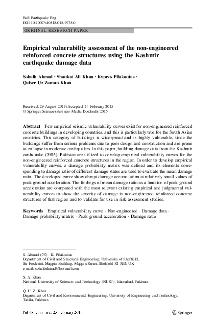 Pdf Empirical Vulnerability Assessment Of The Non Engineered Reinforced Concrete Structures