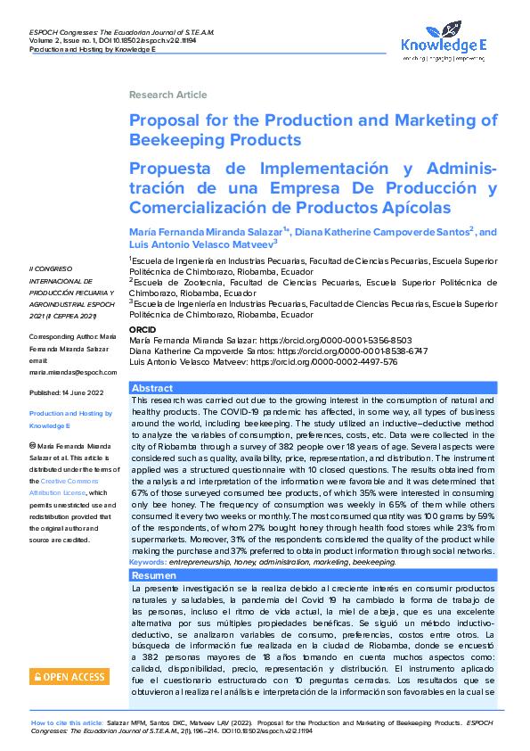(PDF) Proposal for the Production and Marketing of Beekeeping Products