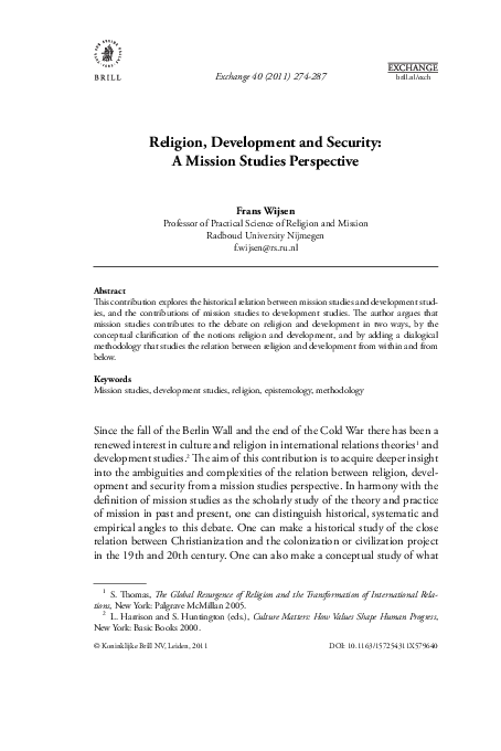 (PDF) Religion, Development and Security: A Mission Studies Perspective