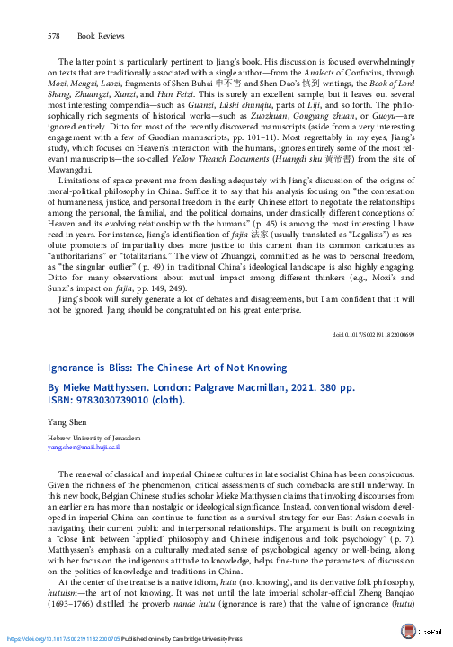 (PDF) Book Review of "Ignorance is Bliss: The Chinese Art of Not ...