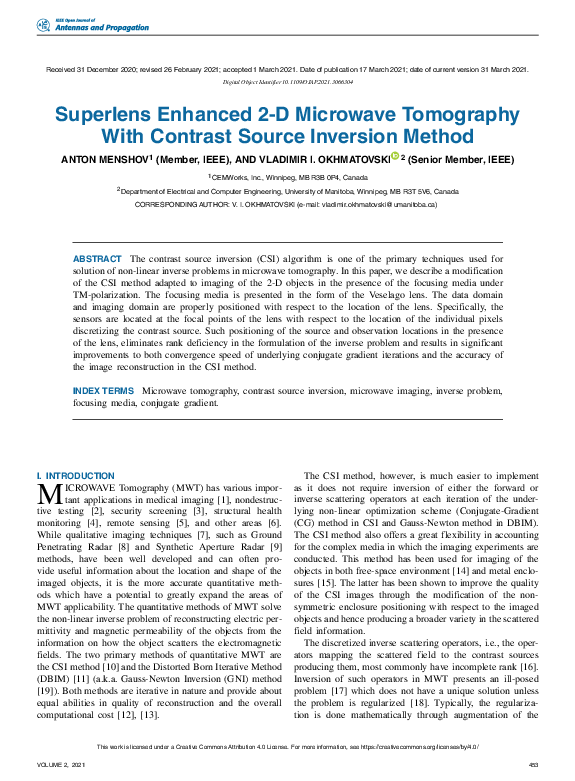 (PDF) Superlens Enhanced 2-D Microwave Tomography With Contrast Source Inversion Method