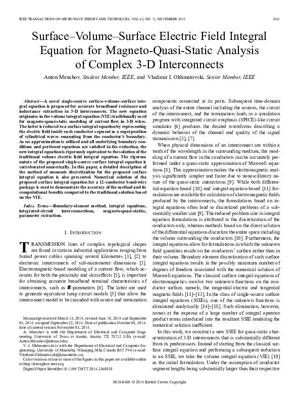 (PDF) Surface–Volume–Surface Electric Field Integral Equation for Magneto-Quasi-Static Analysis ...