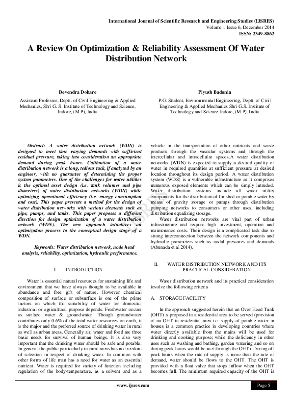 Pdf A Review On Optimization And Reliability Assessment Of Water