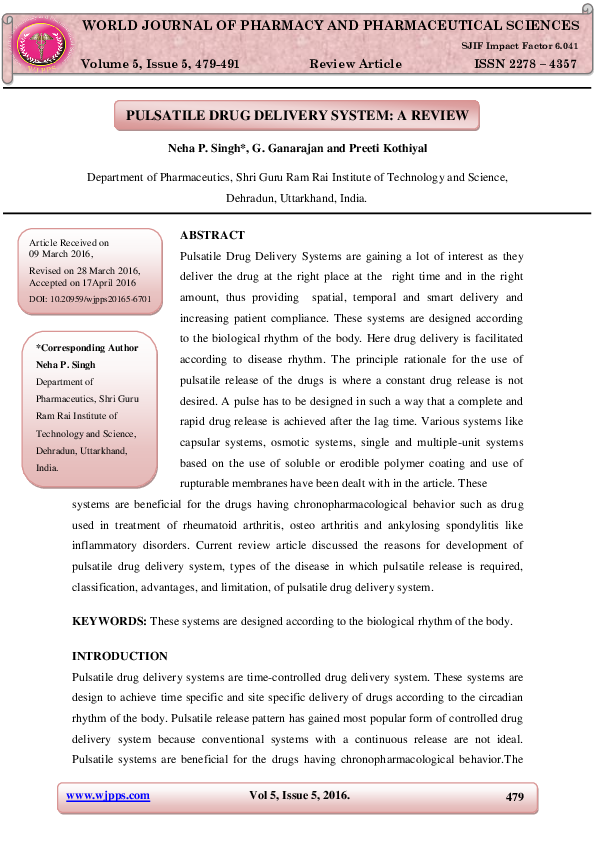 Pdf Pulsatile Drug Delivery System A Review