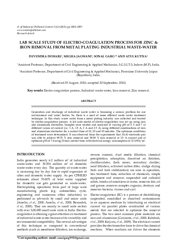 (PDF) Lab Scale Study of Electro-Coagulation Process for Zinc and Iron Removal From Metal ...