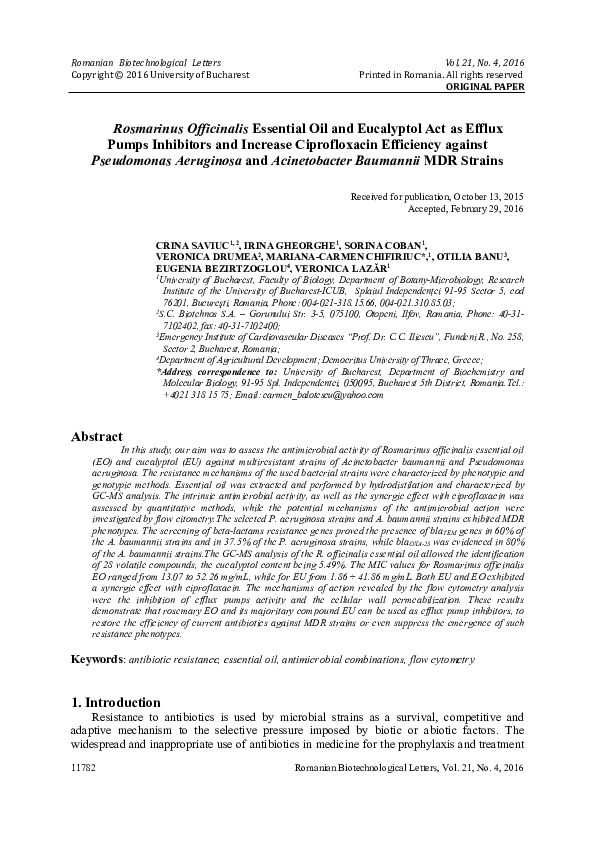 (PDF) Rosmarinus Officinalis Essential Oil and Eucalyptol Act as Efflux Pumps Inhibitors and ...